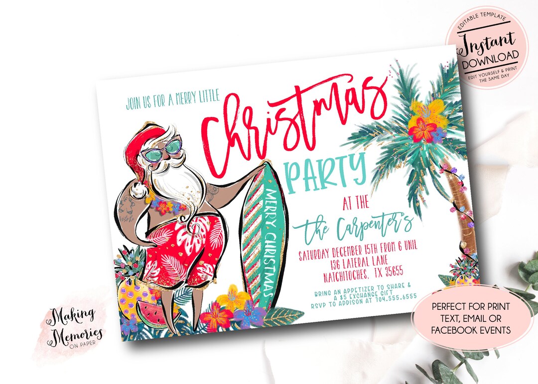 Tropical Christmas Invitation, Hawaiian Santa Christmas Invite ...
