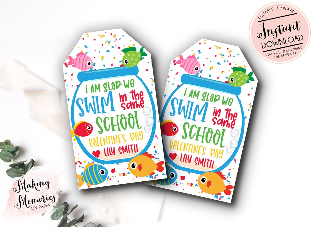 Editable Fish Valentine Tags, Swim in Same School Fish Valentine ...