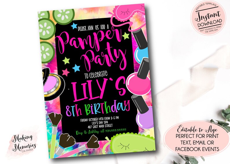 Pamper Party Invitation Girls Makeover Template Spa Birthday - Etsy