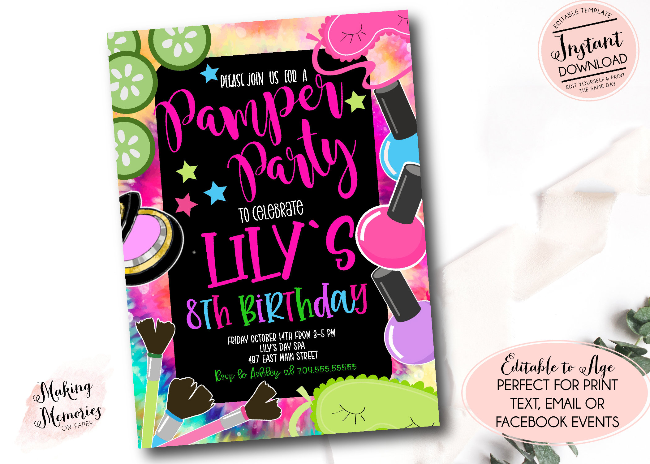 Pamper Party Invitation Girls Makeover Template Spa Birthday - Etsy ...