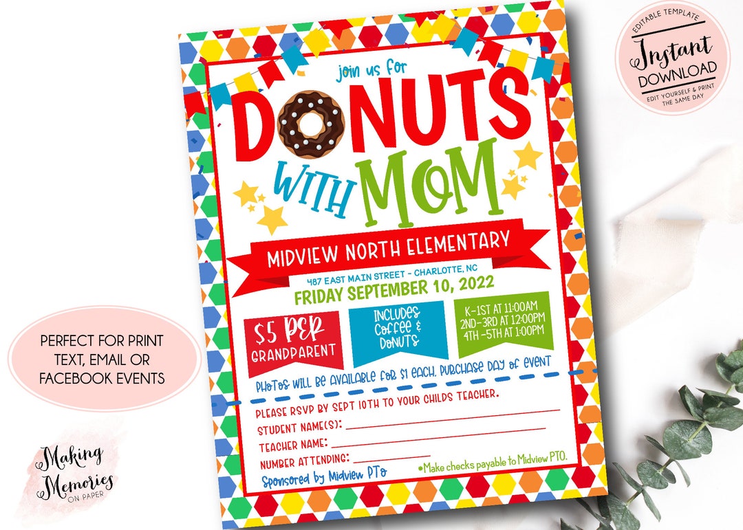 Donuts With Mom Flyer, Donuts With Mom Invitation, Donuts With Parents ...