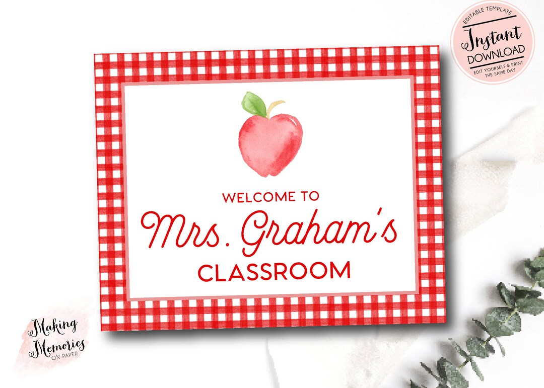 Gingham Classroom Sign, Editable Teacher Name Sign, Printable Classroom ...