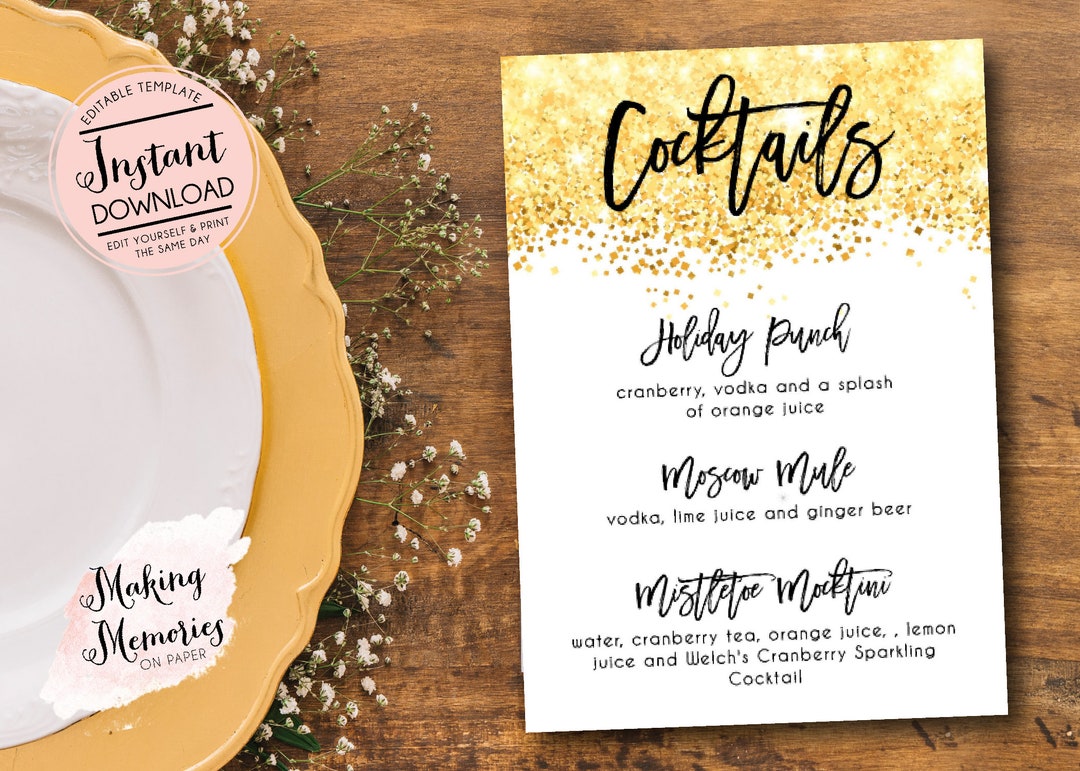 New Years Drink Menu, Cocktail Drink Menu, Glitter Drink Menu ...