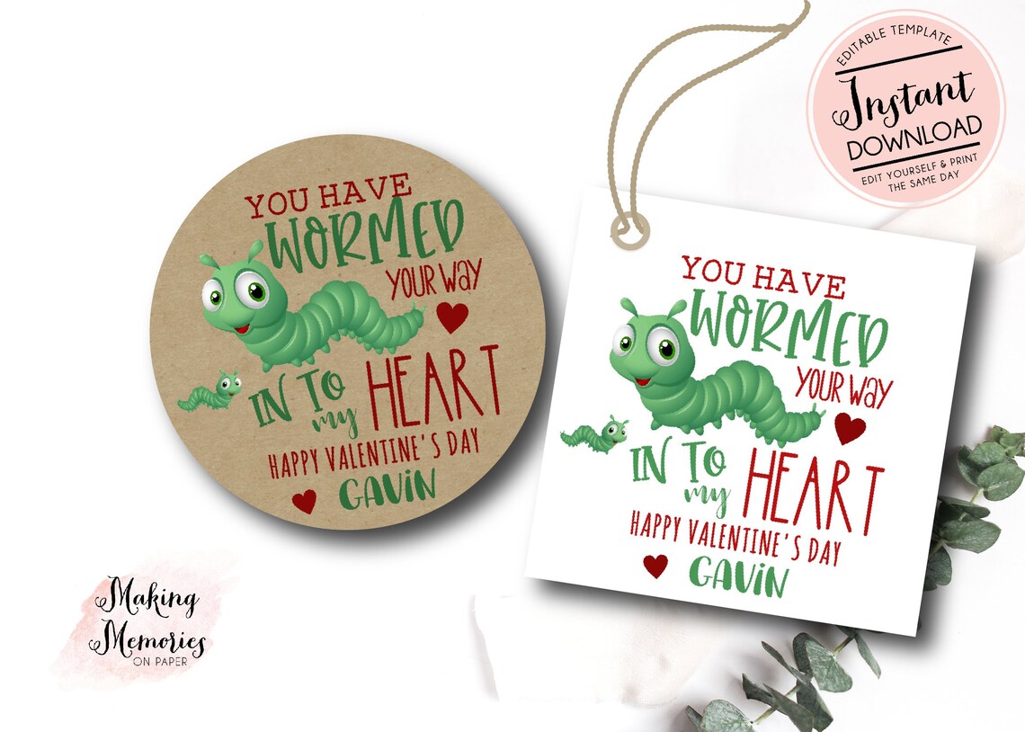 Personalized Worm Valentine's Day Tag, Gummy Worm Valentine's Tag, Boy ...