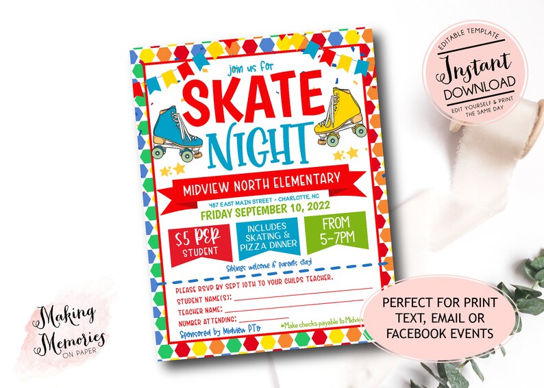 Skate Night Flyer, PTO Fundraiser, School Skate Night Editable ...