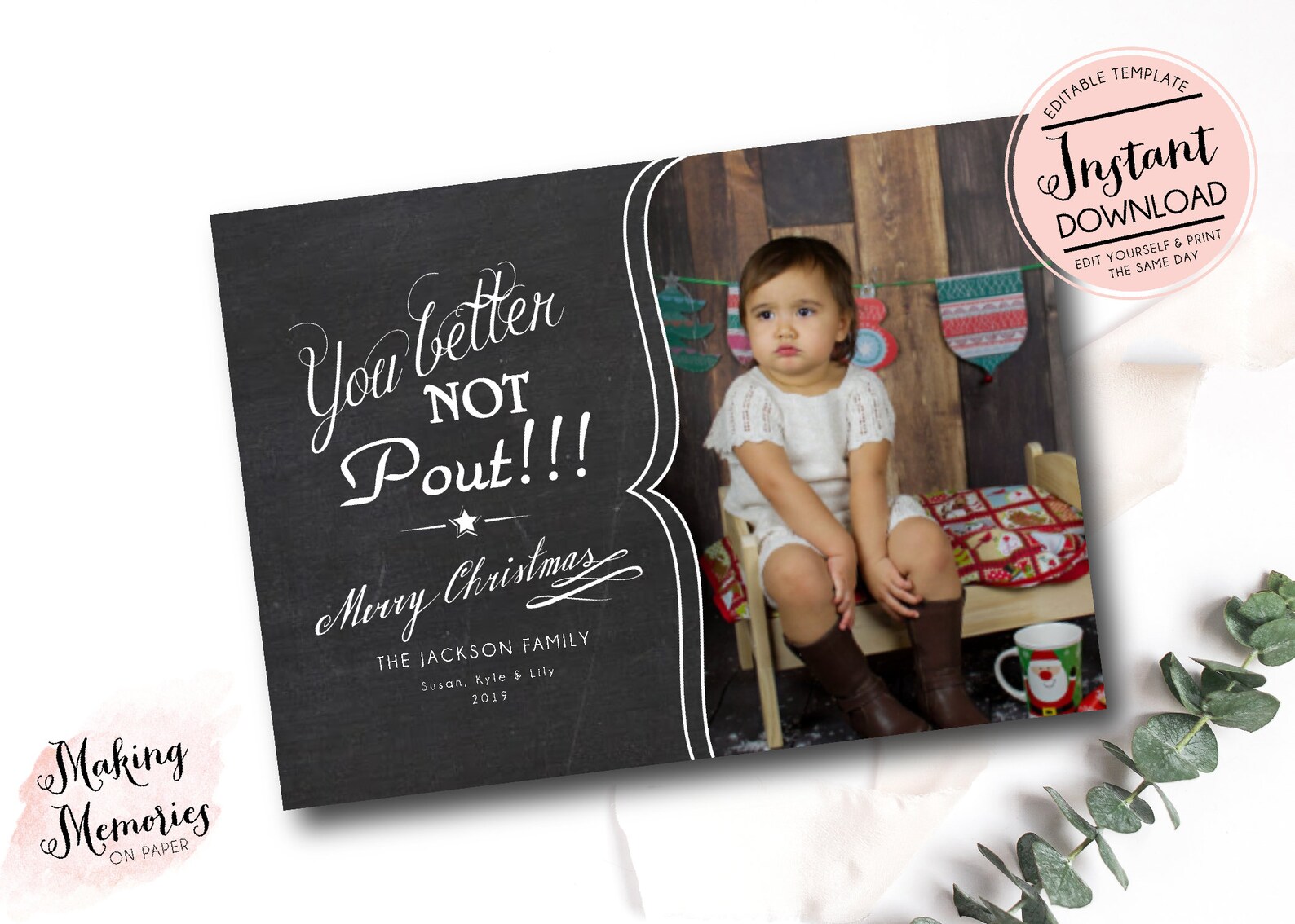 You Better Not Pout Chalkboard Photo Christmas Card Printable - Etsy