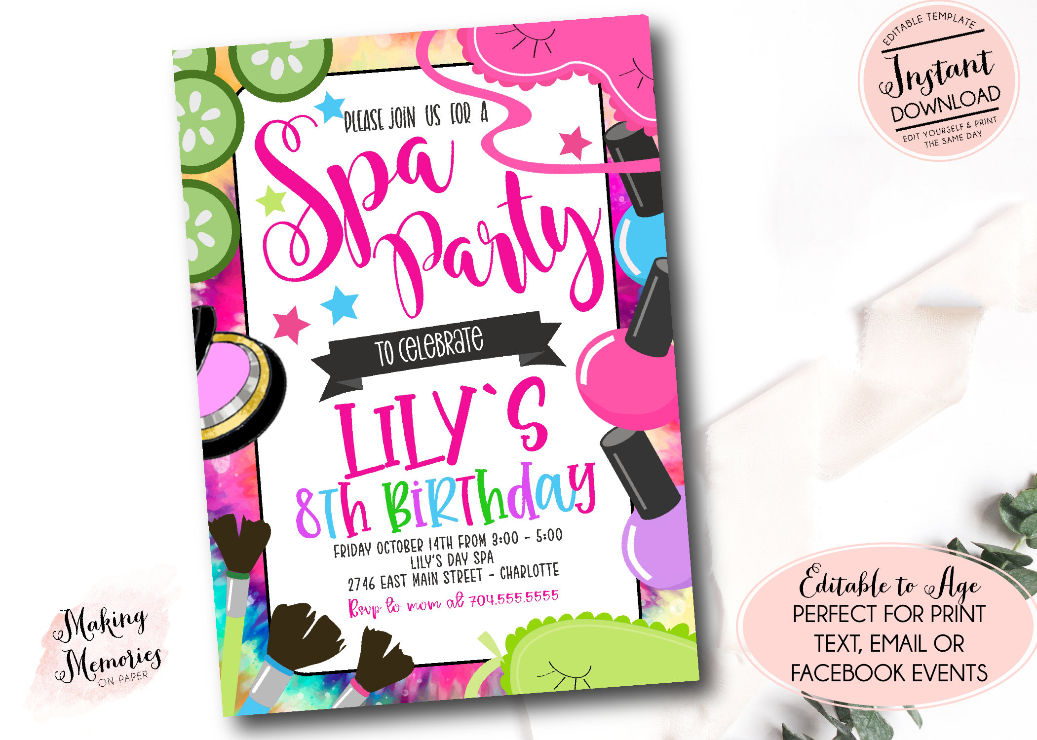 Pamper Party Invitation Girls Makeover Template Spa Birthday - Etsy ...