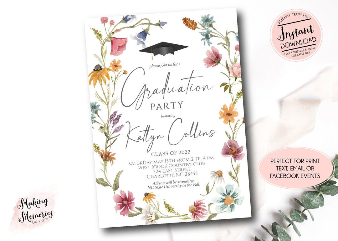 Editable Wildflower Graduation Party Invitation, Graduation ...