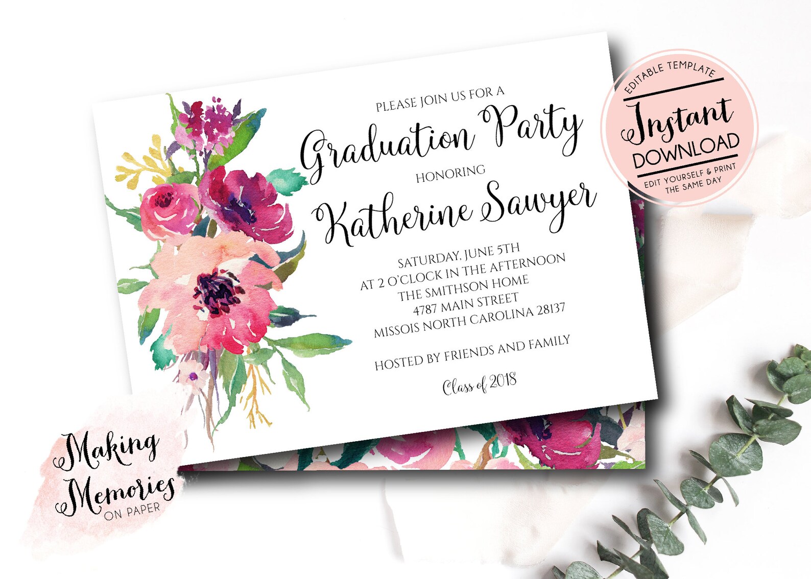 Floral graduation Invitation Template bridal shower | Etsy