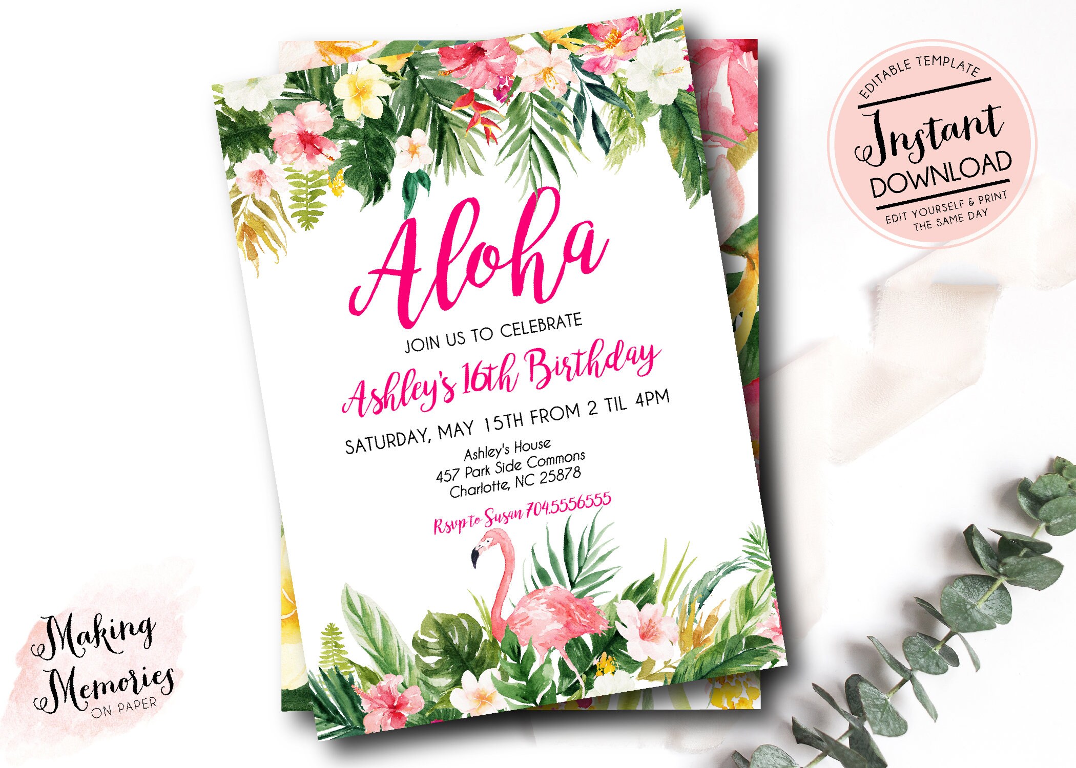 Aloha Tropical Instant Download, Invitation, Birthday, Bridal Shower ...