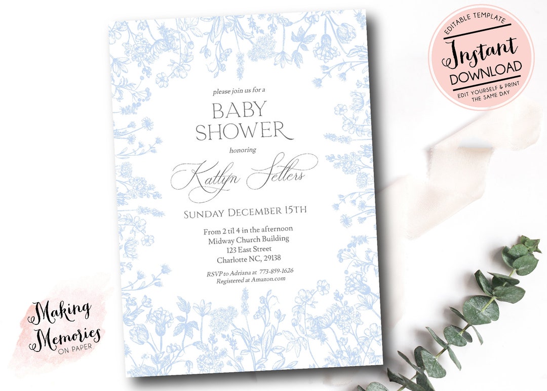Blue Chinoiserie Boy Baby Shower Invitation Bundle, Blue Toile Baby ...