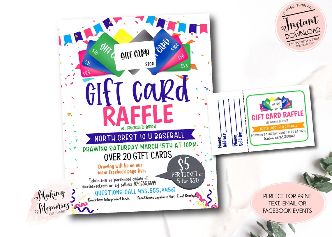 Gift Card Raffle Ticket Fundraiser Flyer Gift Card Raffle - Etsy