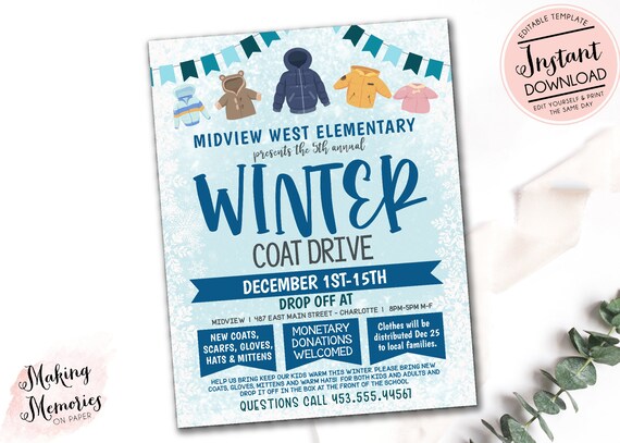 Winter Coat Drive Flyer Holiday Coat Drive Template Editable - Etsy