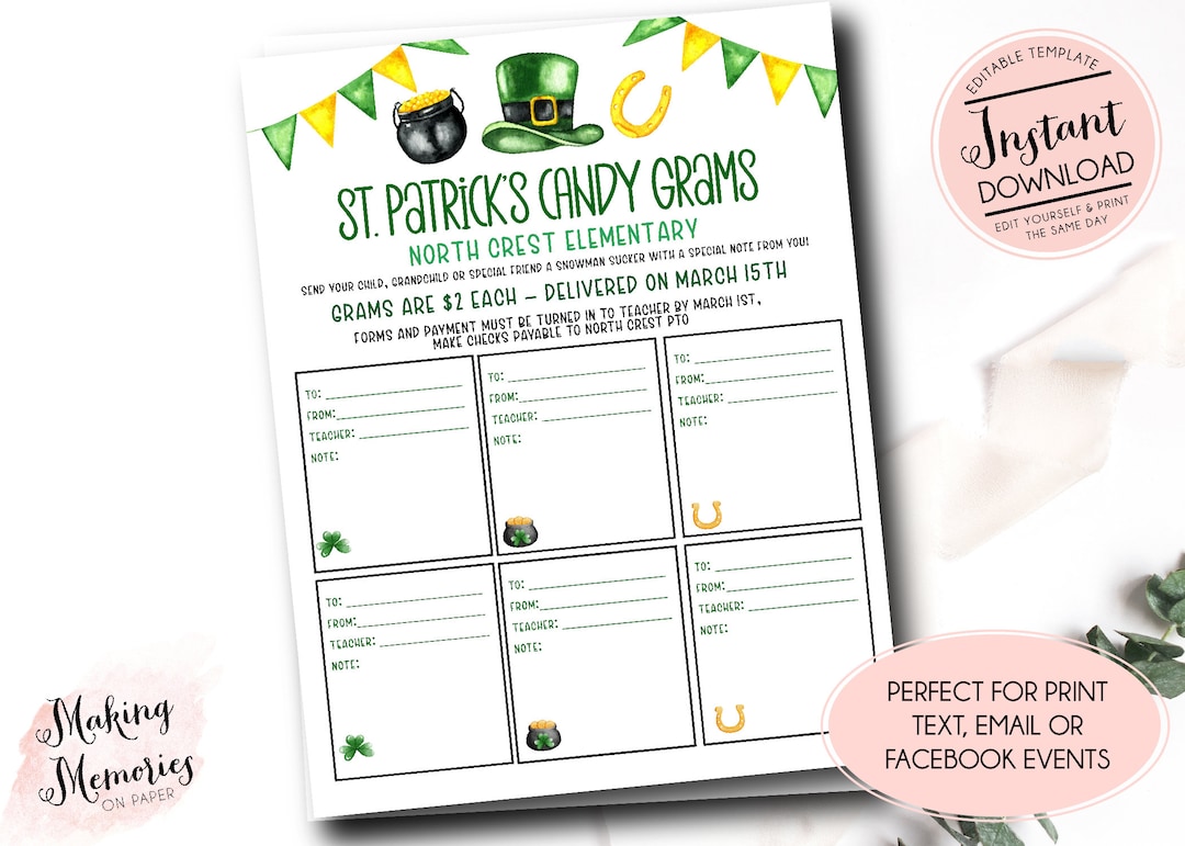 St. Patrick's Day Candy Gram Template, School Candy Gram Flyer, School ...