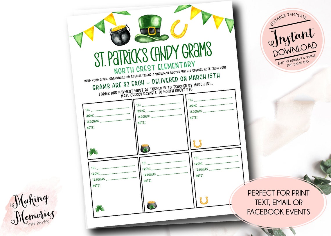 St. Patrick's Day Candy Gram Template School Candy Gram - Etsy
