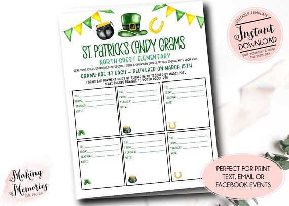 St. Patrick's Day Candy Gram Template School Candy Gram | Etsy