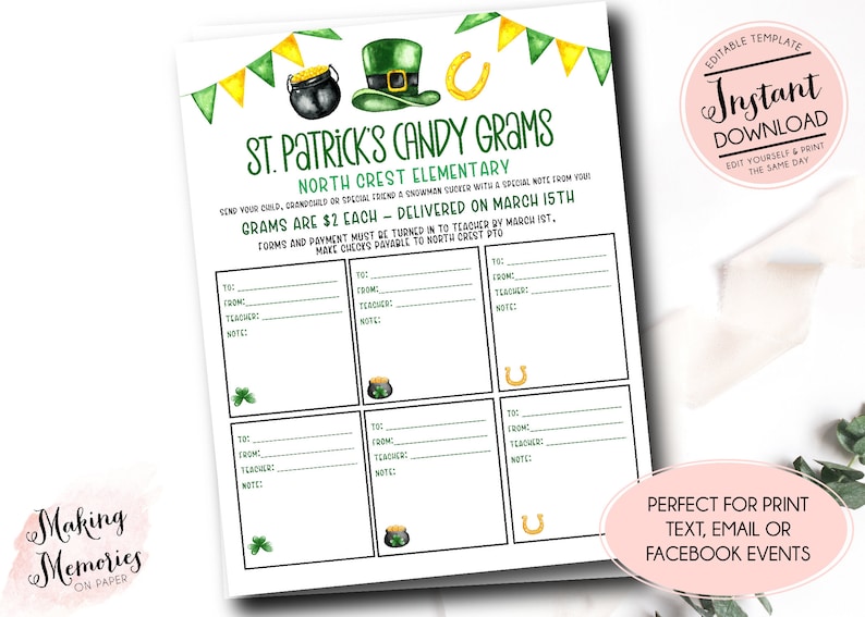 St. Patrick's Day Candy Gram Template, School Candy Gram Flyer, School ...