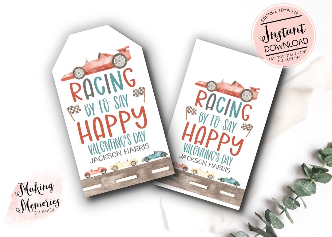 Race Car Valentine Cards, Race Car Favor Tag, Racing Valentine Card ...
