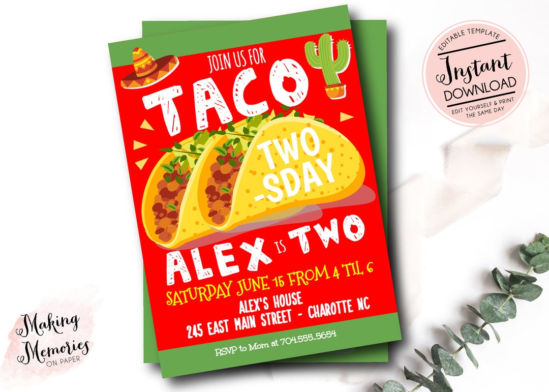 Taco Twosday Invitation, Taco Tuesday Invite, Second Birthday ...