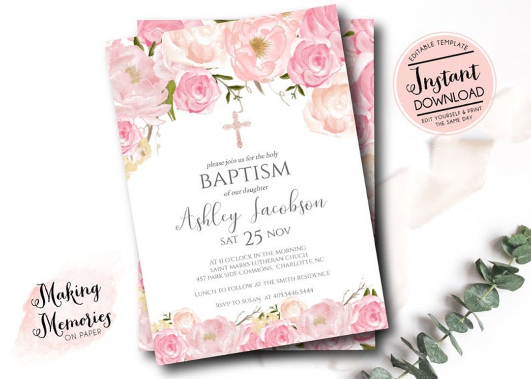 Pink Floral Baptism Invitation. Pink Watercolor, Pink Roses Baptism ...