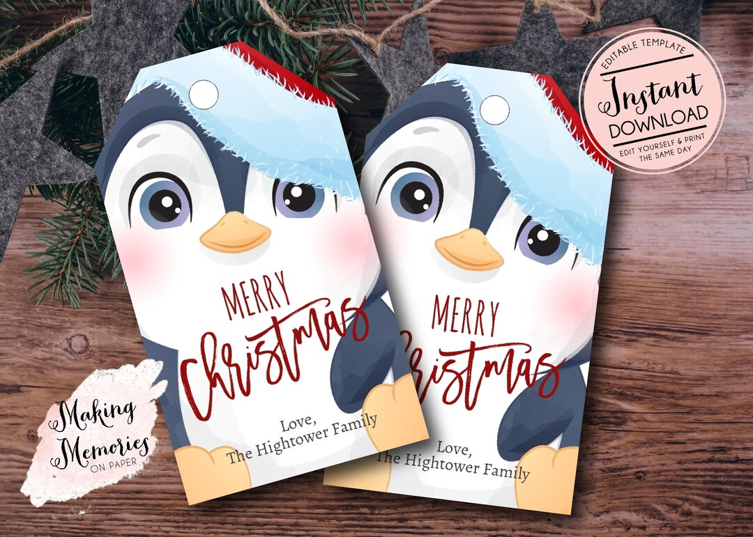 EDITABLE Christmas Gift Tags, Penguin Gift Tags, Christmas Favor Tag ...