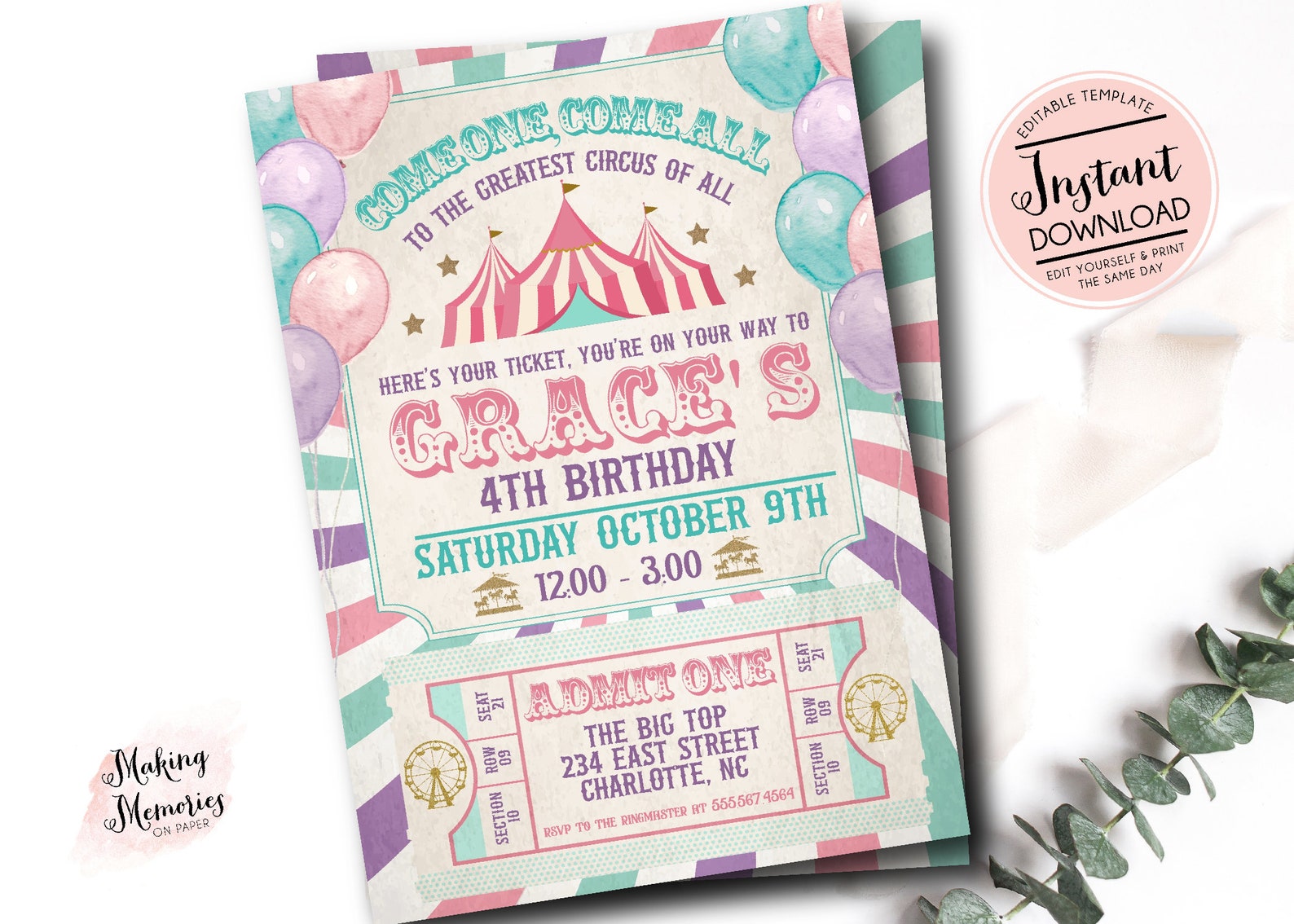 Pink Carnival Birthday Invitation, Girl Circus Birthday Invitation ...