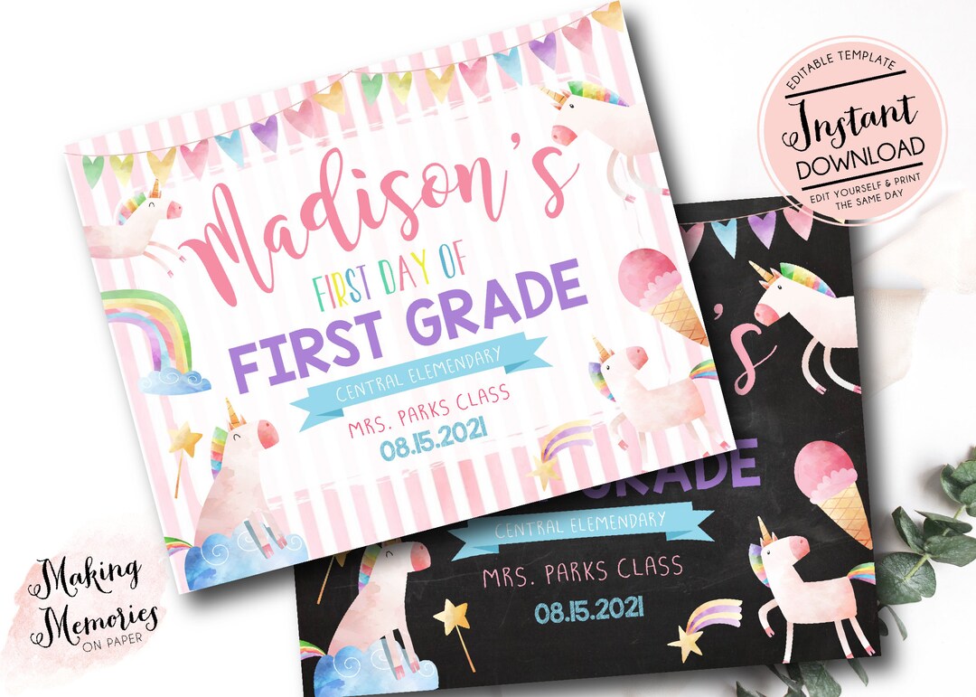 Unicorn Back to School Sign Chalkboard, Printable First Day of School ...