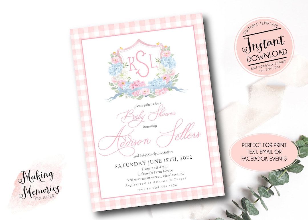 Monogram Baby Shower Invitation, Preppy Bow Baby Shower, Spring Girl ...