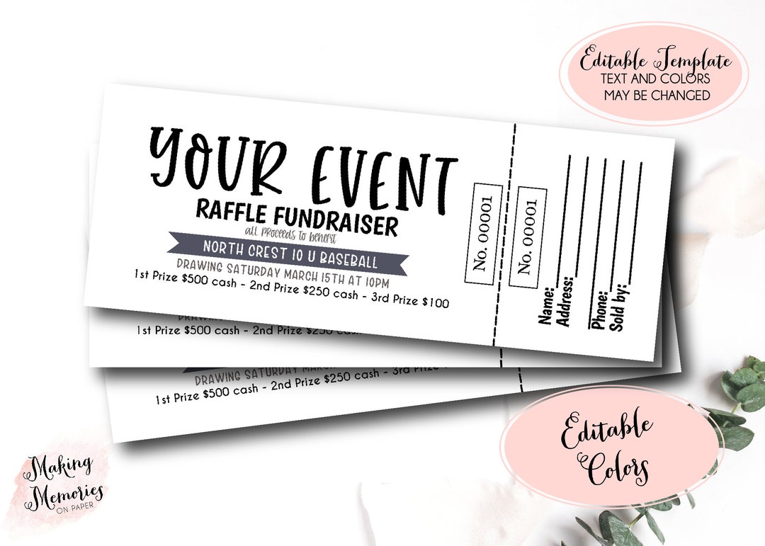 Raffle Ticket Fundraiser, Printed Raffle Tickets, Editable Raffle ...