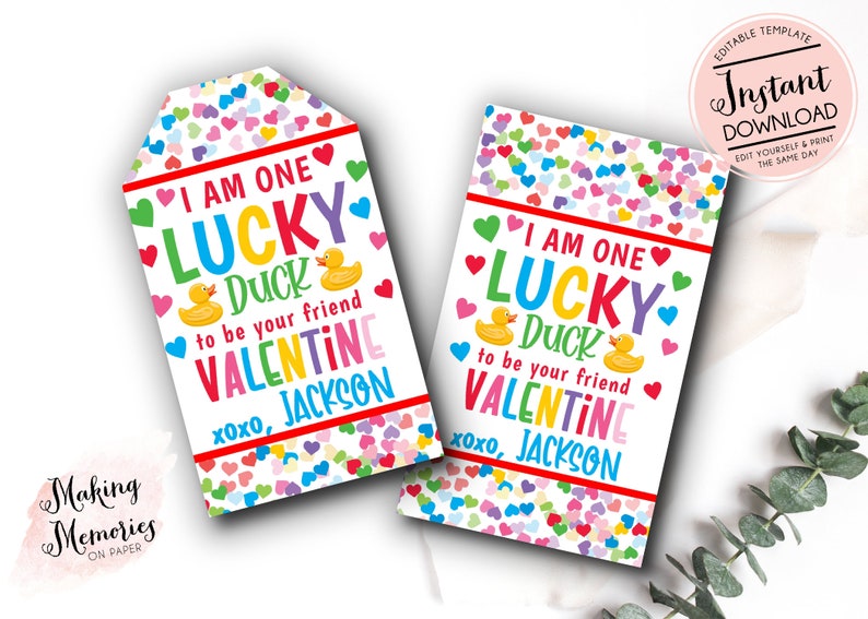 Editable Rubber Duck Valentine Tag One Lucky Duck Valentines - Etsy