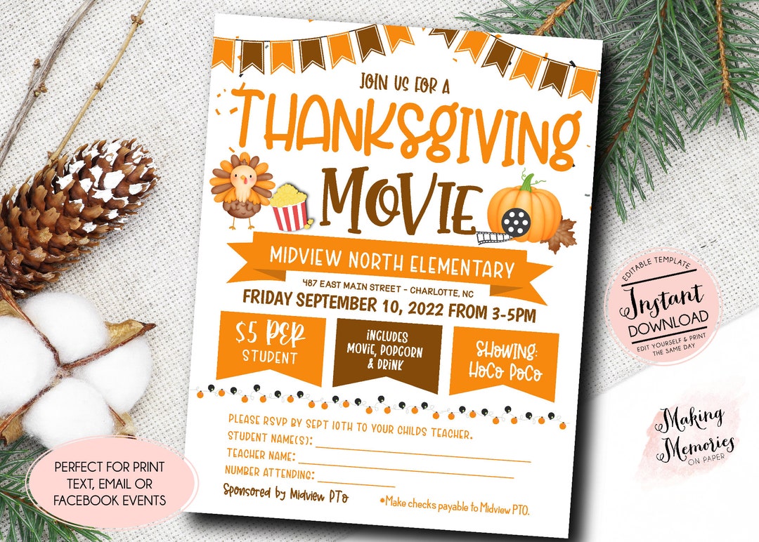 Thanksgiving Movie Flyer, Thanksgiving School Movie Fundraiser, Holiday ...