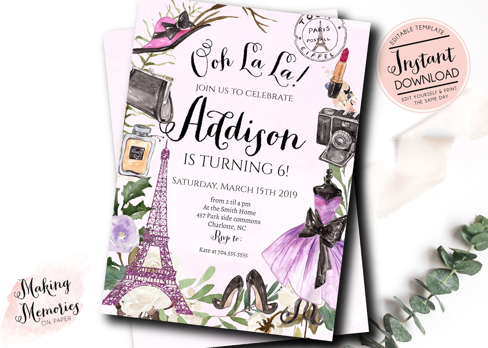Paris Invitation Paris Birthday Party Purple Eiffel Tower - Etsy