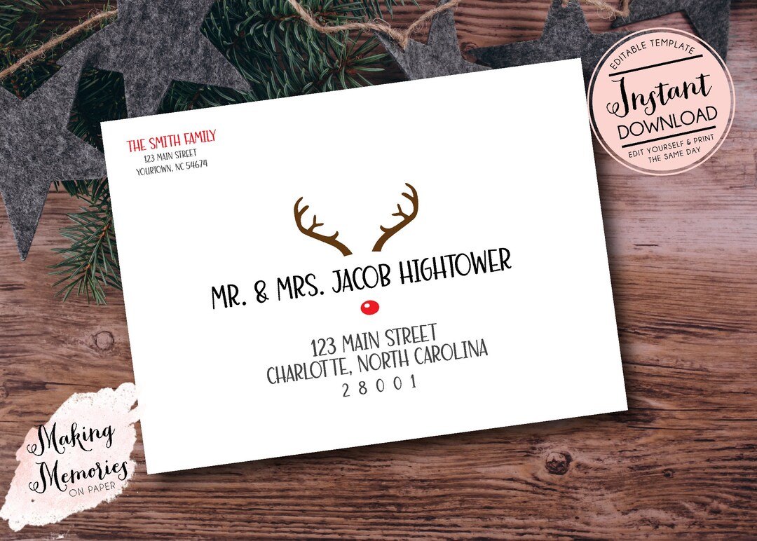 Editable Christmas Envelope Template, Addressed Reindeer Christmas ...