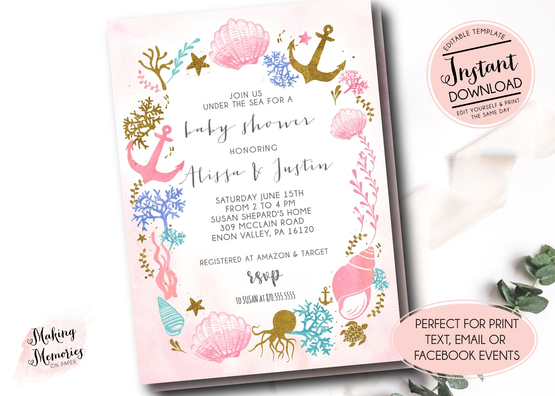 Nautical Baby Shower Invitation, Ocean Baby Shower Invitation, Girl ...