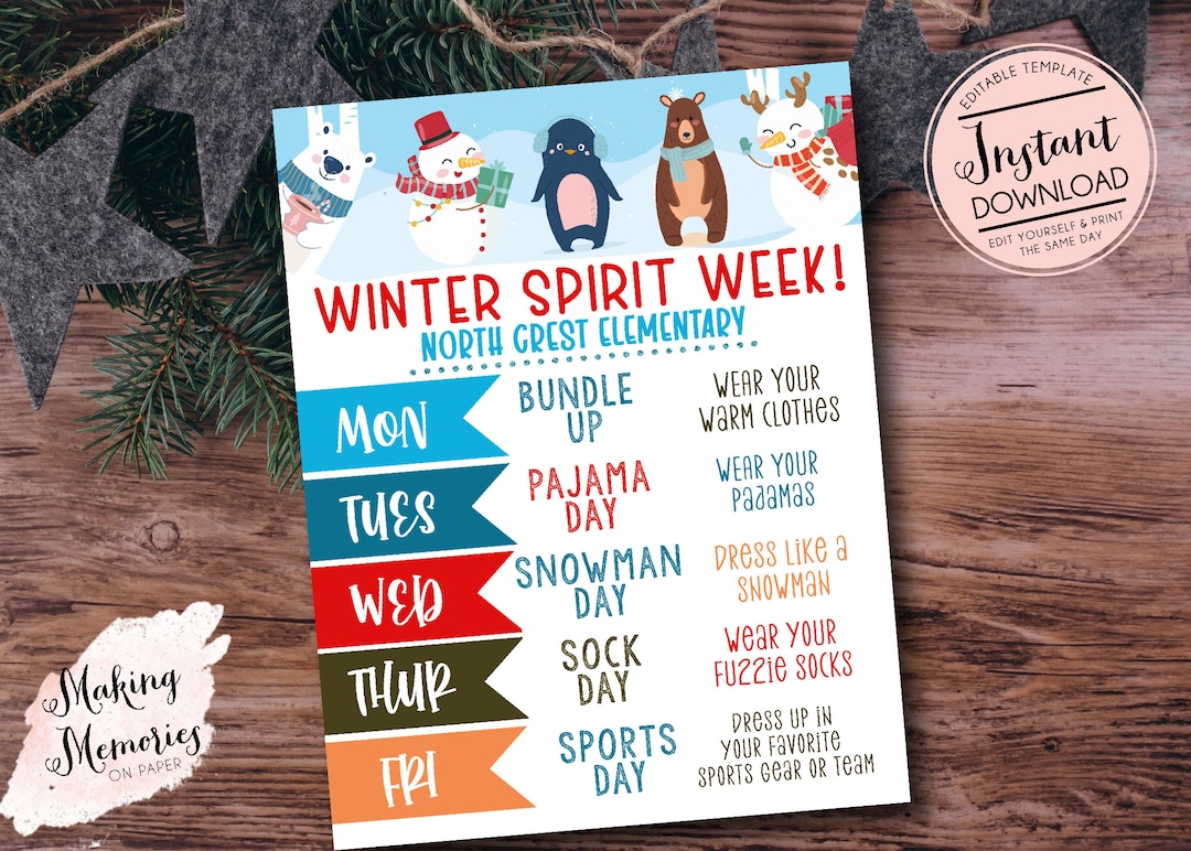 Winter Spirit Week Template, Spirit Week Schedule, Winter Spirit Week ...