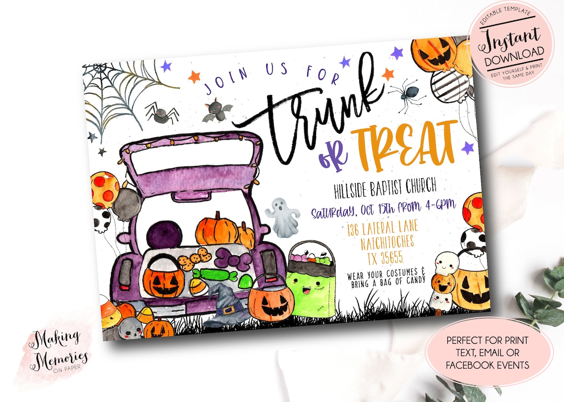 Trunk or Treat Invitation, Trunk or Treat Flyer, Church Fall Festival ...