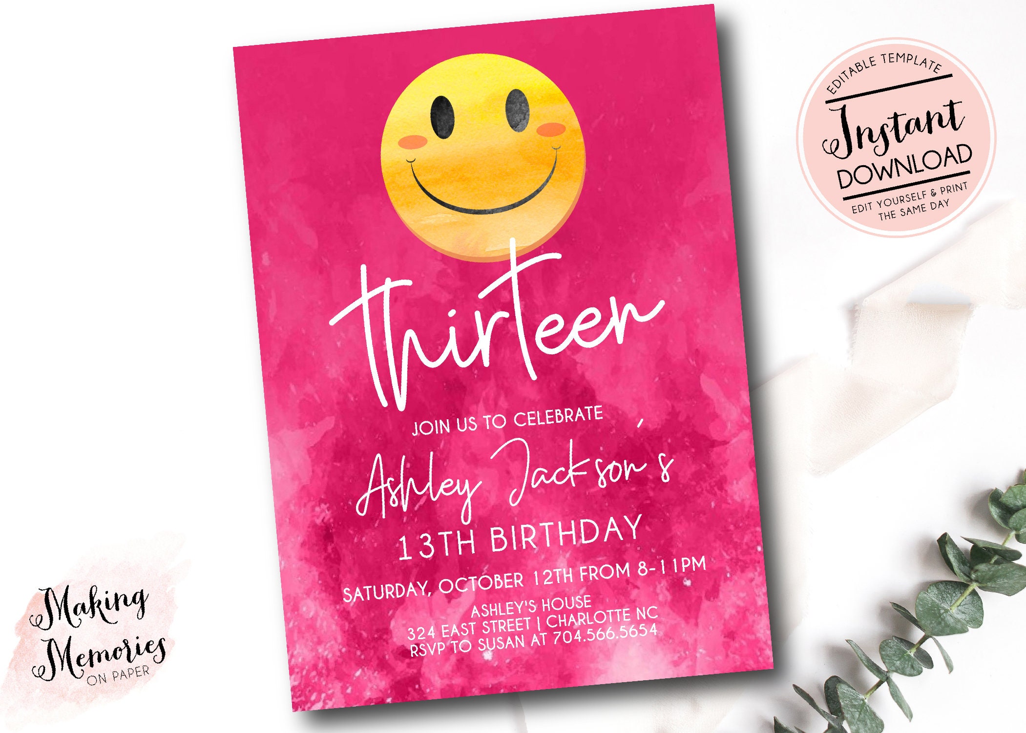 DIGITAL CUSTOM Smiley Smile Emoji Birthday Party Invitations Customized ...