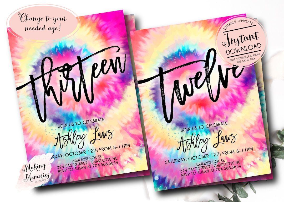 Teen Birthday Invitation, Editable Teen Birthday Invite, Tie Dye ...