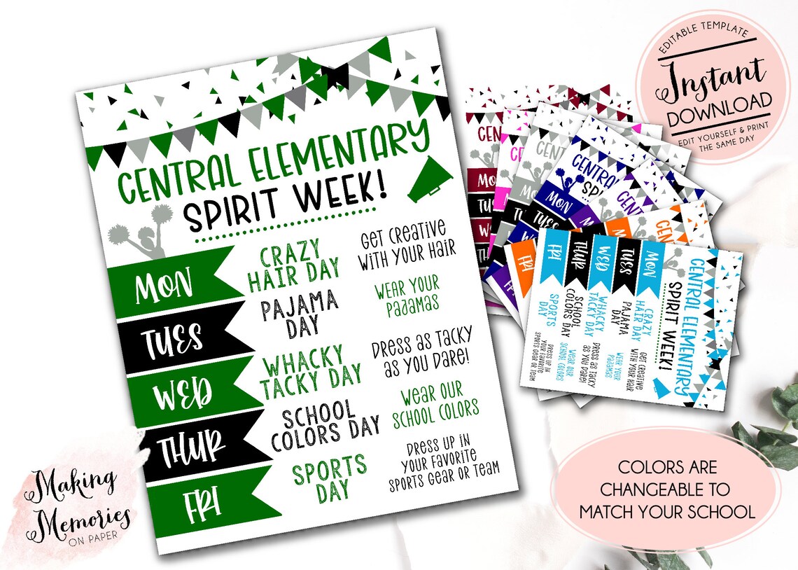Spirit Week Template Spirit Week Schedule School Spirit Week - Etsy