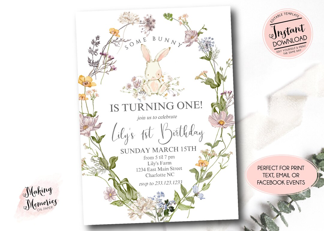 Some Bunny is One Birthday Invitation, Bunny Birthday Party Invitation ...