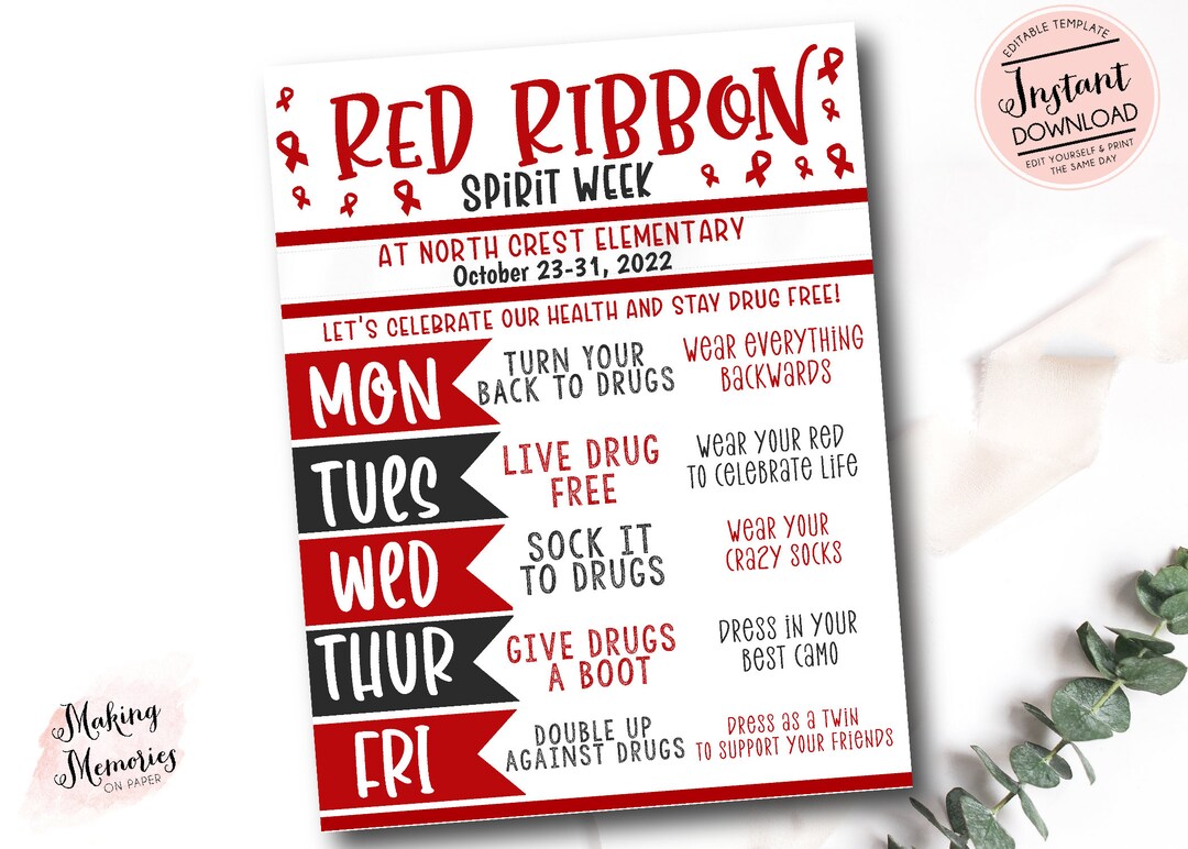 Red Ribbon Spirit Week Template, Spirit Week Schedule, School Spirit ...