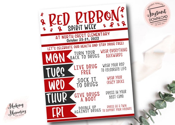 Red Ribbon Spirit Week Template Spirit Week Schedule School - Etsy Canada