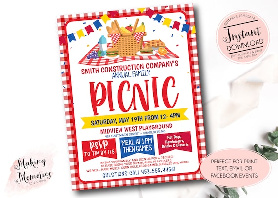 Company Picnic Flyer Family Picnic Fundraiser Invitation - Etsy