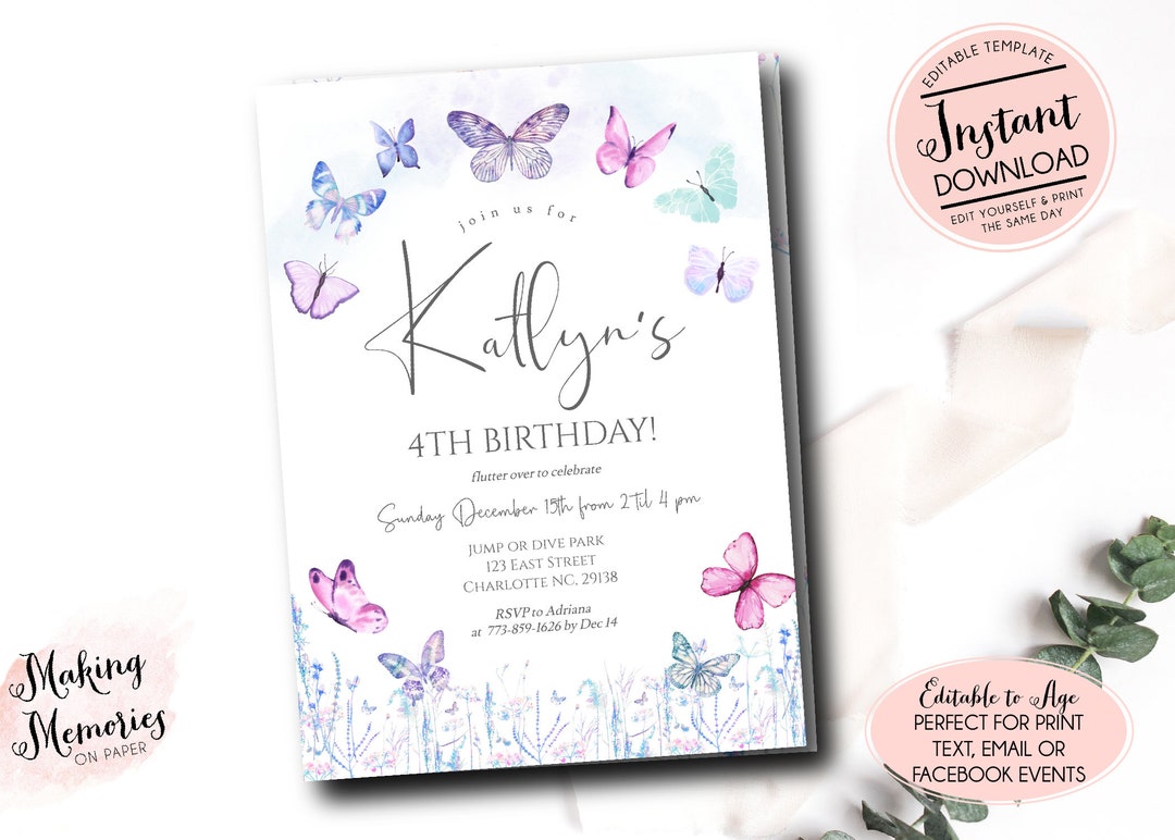 Butterfly Birthday Invitation, Butterfly Birthday Party Invitation ...