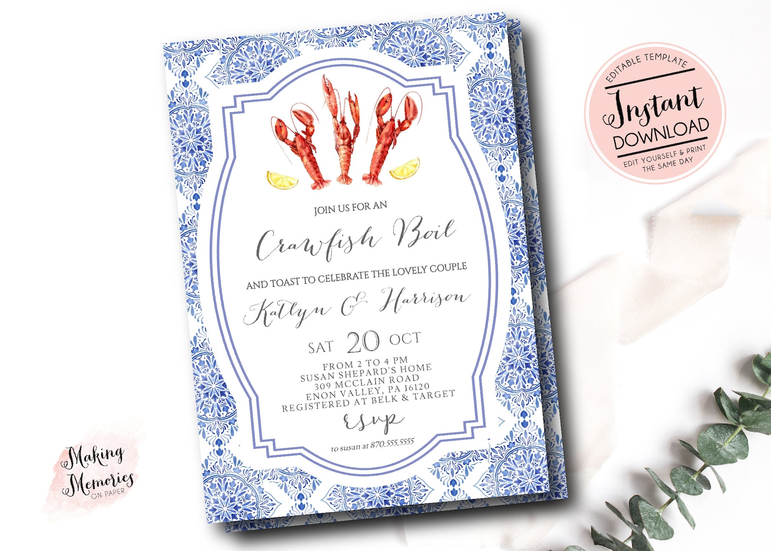 Crawfish Boil Invitation, Crawfish Boil Engagement Invitation, Blue ...