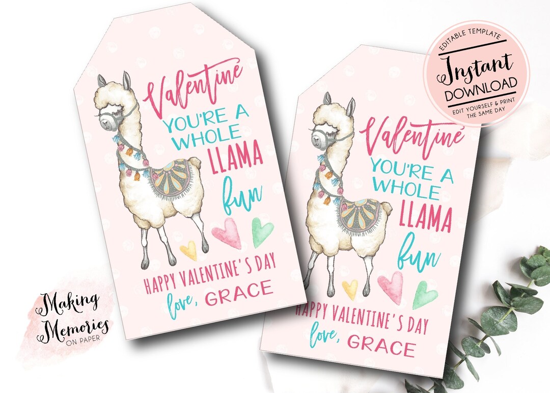 Llama Valentine's Day Tag, Llama Valentine's Tag, You're A Whole Llama ...