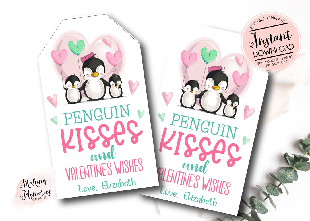 Penguin Valentine's Tags, Penguin Favor Tags, School Valentine Tags ...