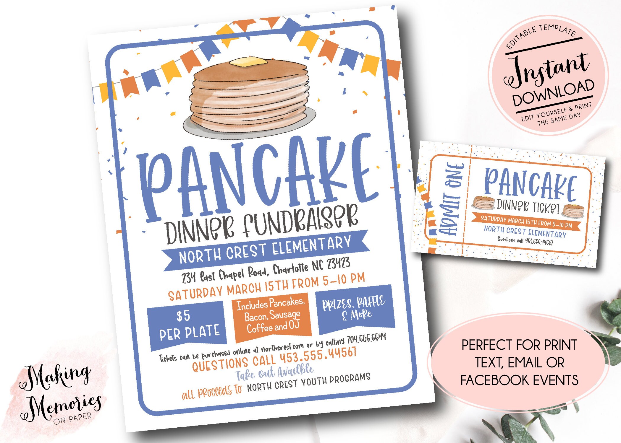 Pancake Dinner Flyer, Editable Pancake Dinner Fundraiser Invitation ...