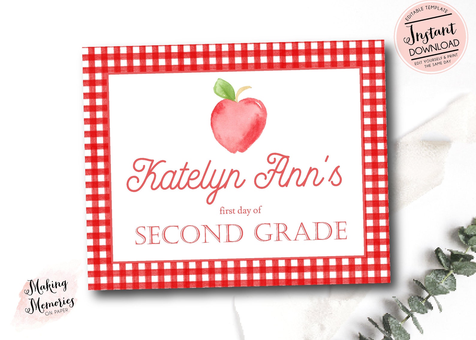 Gingham First Day of School Sign, Editable Back to School Sign ...