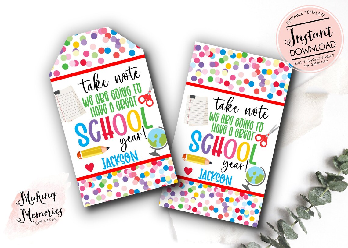 Take Note Gift Tag, Take Note Favor Tag, Back to School Gift Tag ...
